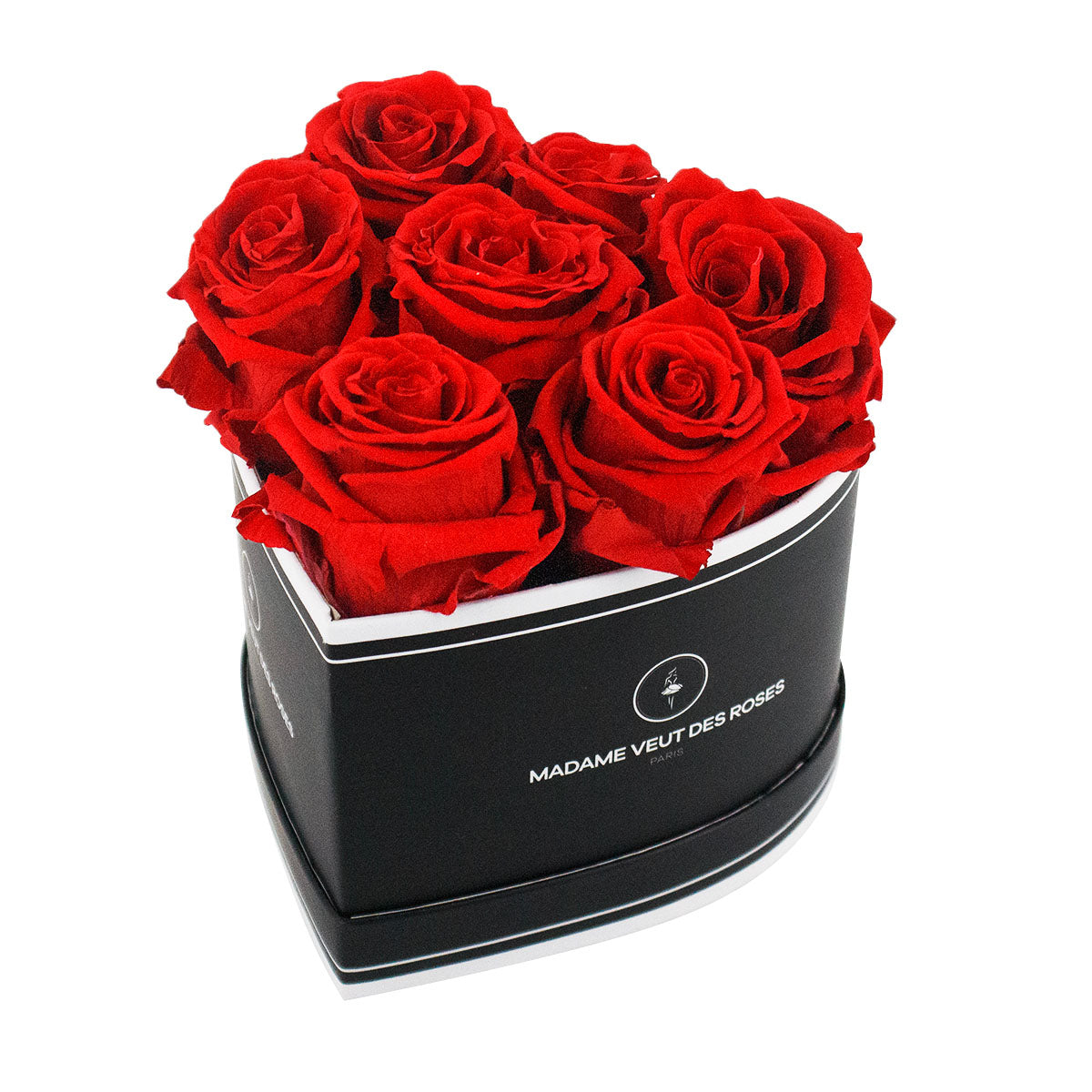 Petite boîte luxe de 7 roses éternelles en forme de coeur Ø15cm