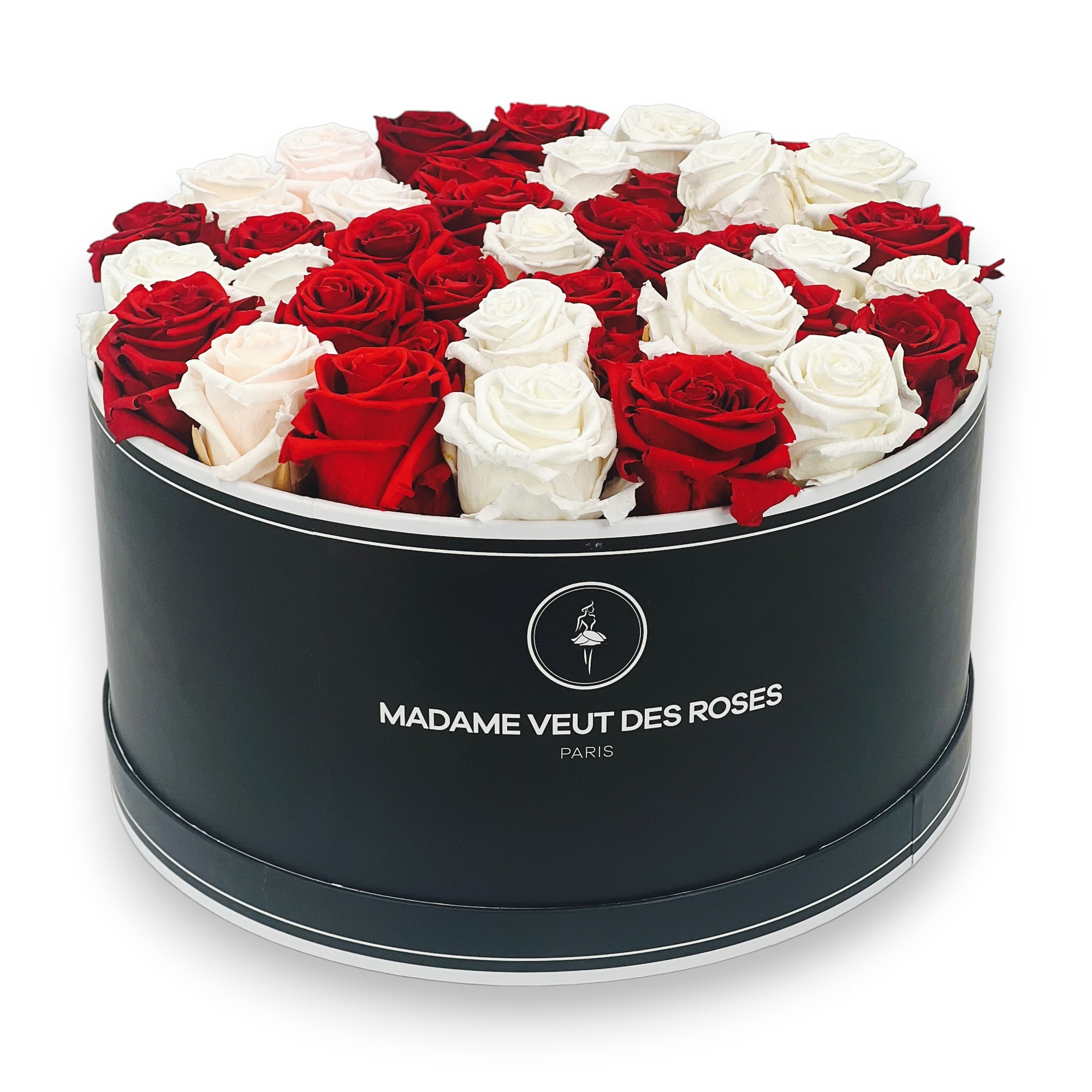 Boîte ronde de 37 roses éternelles personnalisé damier rouge Ø32cm