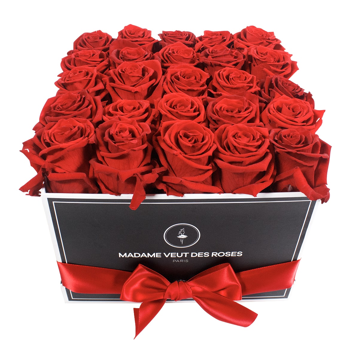 Boîte carré luxe de 25 roses éternelles à personnaliser Ø23cm