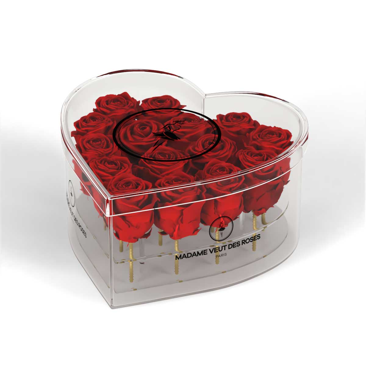 Boîte coeur transparente de 15 roses éternelles à personnaliser Ø23cm