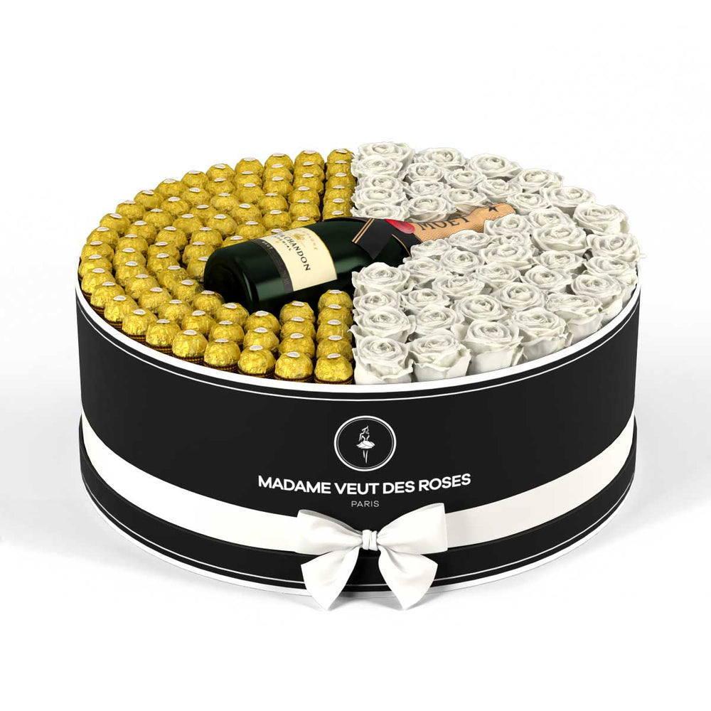 Boîte ronde de 50 roses éternelles à personnaliser Ø53cm